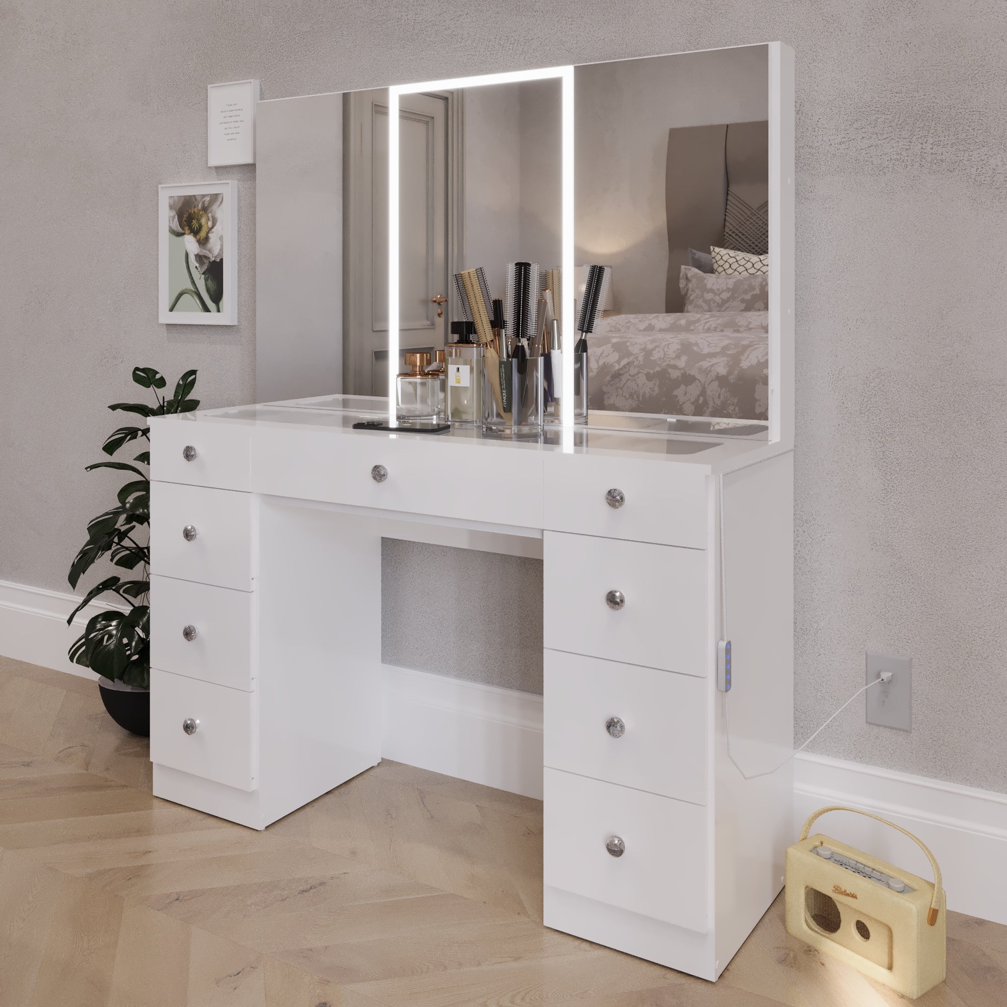 Gia Trifold Makeup Vanity with LED Light Strip, Cabinets, and Modern D ...